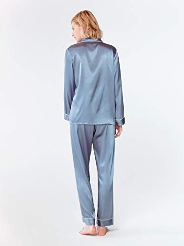 SIORO Silky Pajamas for Women Satin Pajama Sets Long Sleeve Button Down Sleepwear PJ's Soft Loungewear, Blue Grey, Medium