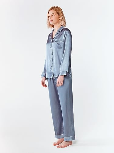 SIORO Silky Pajamas for Women Satin Pajama Sets Long Sleeve Button Down Sleepwear PJ's Soft Loungewear, Blue Grey, Medium