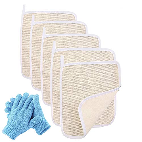 Exfoliating Face And Body Wash Cloths Towel With Exfoliating Gloves Towel Scrub Set Dual-Sided Soft-Weave Scrub Towel Cloth For Men And Women, Remove Dead Skin,Set Of 7