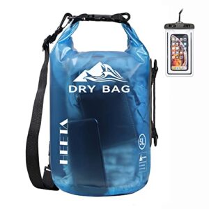 heeta waterproof dry bag for women men, roll top lightweight dry storage bag backpack with phone case for travel, swimming, boating, kayaking, camping and beach, transparent blue 5l