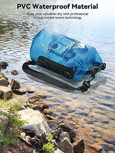 HEETA Waterproof Dry Bag for Women Men, Roll Top Lightweight Dry Storage Bag Backpack with Phone Case for Travel, Swimming, Boating, Kayaking, Camping and Beach, Transparent Blue 5L