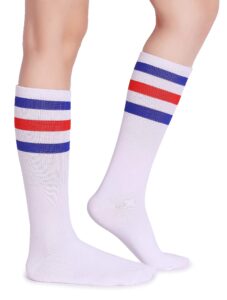 pareberry classic triple stripes soft cotton on the calf retro white tube socks (a-pair(blue/red/white))