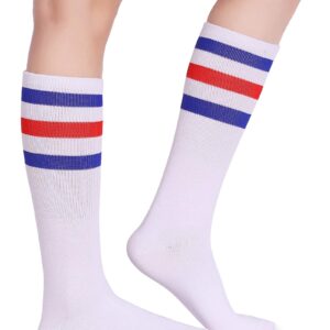 Pareberry Classic Triple Stripes Soft Cotton On the Calf Retro White Tube Socks (A-pair(Blue/Red/White))