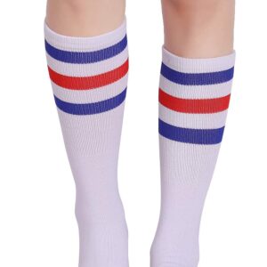 Pareberry Classic Triple Stripes Soft Cotton On the Calf Retro White Tube Socks (A-pair(Blue/Red/White))