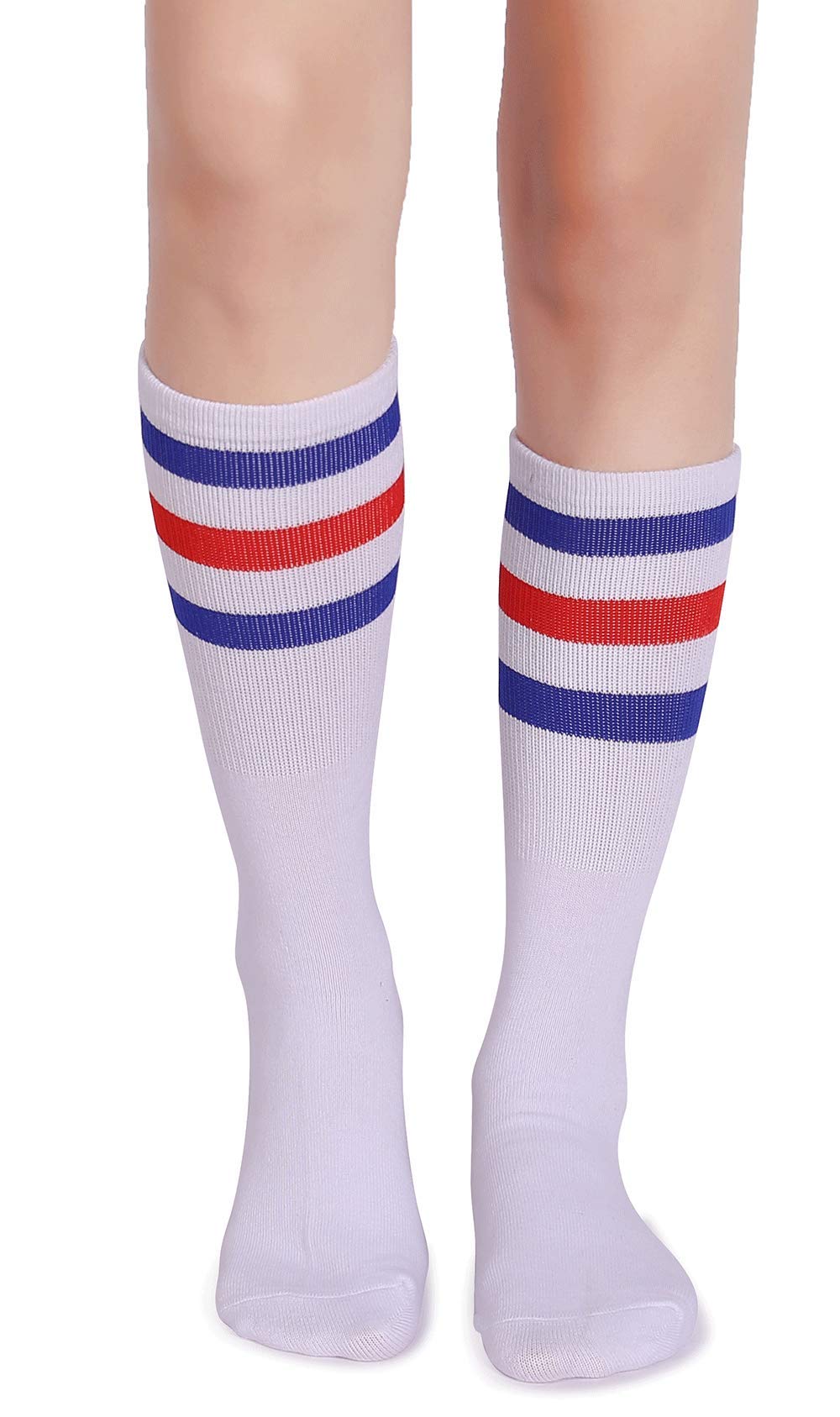 Pareberry Classic Triple Stripes Soft Cotton On the Calf Retro White Tube Socks (A-pair(Blue/Red/White))