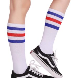 Pareberry Classic Triple Stripes Soft Cotton On the Calf Retro White Tube Socks (A-pair(Blue/Red/White))