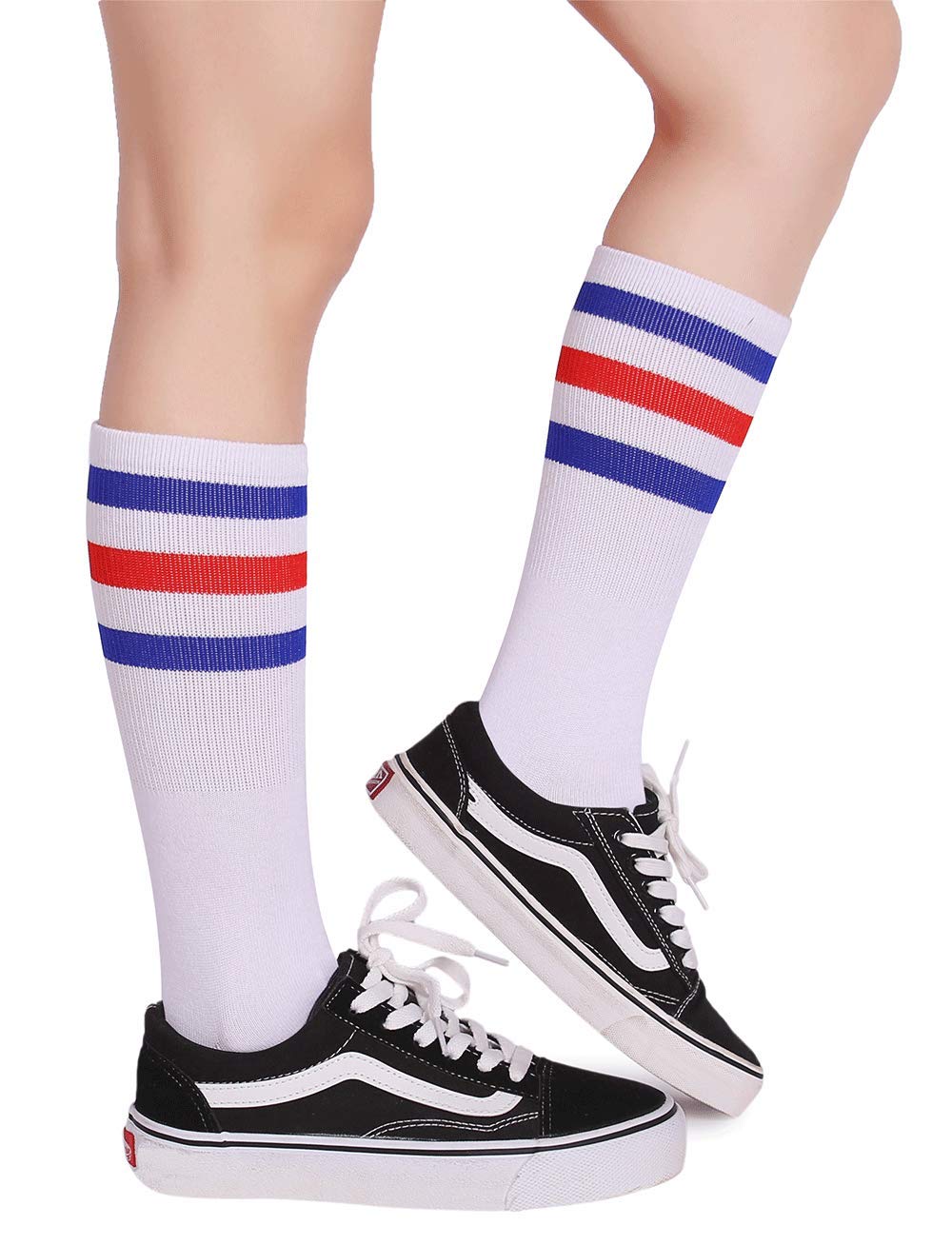 Pareberry Classic Triple Stripes Soft Cotton On the Calf Retro White Tube Socks (A-pair(Blue/Red/White))