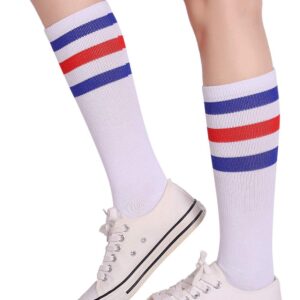 Pareberry Classic Triple Stripes Soft Cotton On the Calf Retro White Tube Socks (A-pair(Blue/Red/White))