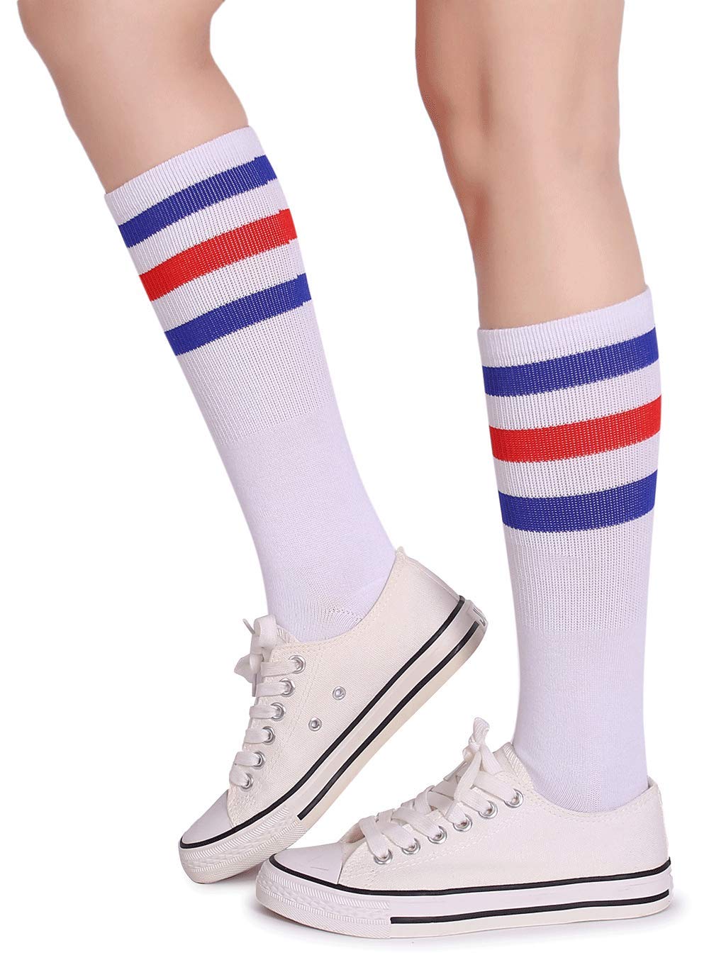 Pareberry Classic Triple Stripes Soft Cotton On the Calf Retro White Tube Socks (A-pair(Blue/Red/White))