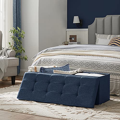 SONGMICS 43 Inches Folding Storage Ottoman Bench, Storage Chest, Foot Rest Stool, Bedroom Bench with Storage, Dark Blue ULSF77IN