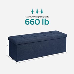 SONGMICS 43 Inches Folding Storage Ottoman Bench, Storage Chest, Foot Rest Stool, Bedroom Bench with Storage, Dark Blue ULSF77IN