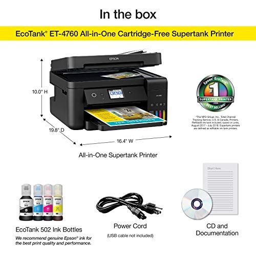 Epson EcoTank ET-4760 Wireless Color All-in-One Cartridge-Free Supertank Printer with Scanner, Copier, Fax, ADF and Ethernet - Black