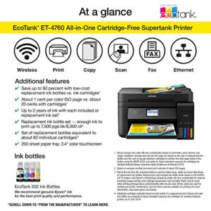 Epson EcoTank ET-4760 Wireless Color All-in-One Cartridge-Free Supertank Printer with Scanner, Copier, Fax, ADF and Ethernet - Black