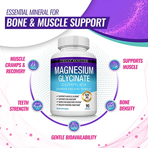 Magnesium Glycinate Complex 525 mg High Absorption 100% DV Chelated - Formulated for Recovery, Maximum Bioavailability Vegan for Men Women, 90 Capsules, Toplux