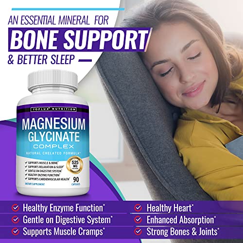 Magnesium Glycinate Complex 525 mg High Absorption 100% DV Chelated - Formulated for Recovery, Maximum Bioavailability Vegan for Men Women, 90 Capsules, Toplux