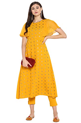 Janasya Indian Women's Tunic Tops Crepe Kurti Set for Women(SET044-KR-NP-XL) Yellow