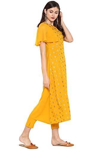 Janasya Indian Women's Tunic Tops Crepe Kurti Set for Women(SET044-KR-NP-XL) Yellow