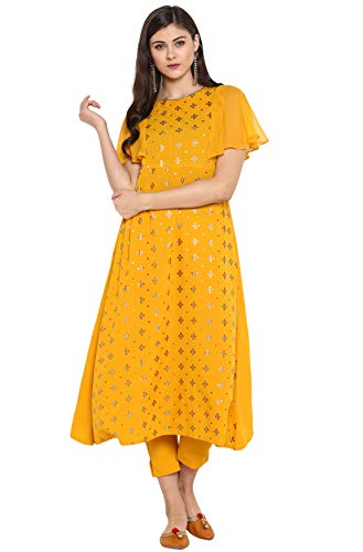 Janasya Indian Women's Tunic Tops Crepe Kurti Set for Women(SET044-KR-NP-XL) Yellow