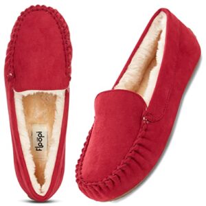 floopi women slippers moccasins, soft faux fur lining with cozy memory foam, ladies house slippers for women with indoor & outdoor anti-skid sole (8 - red)