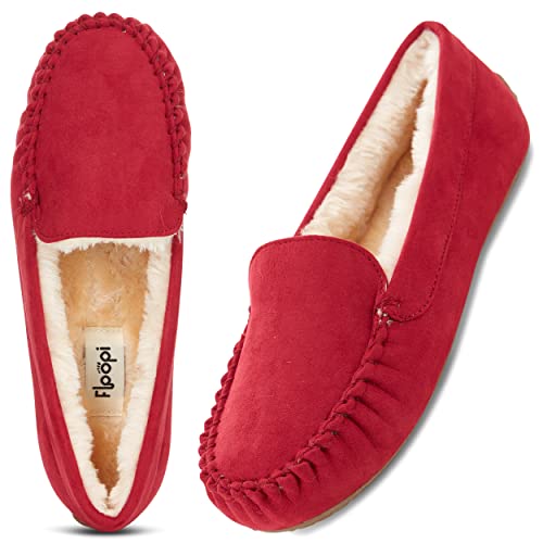 Floopi Women Slippers Moccasins, Soft Faux Fur Lining with Cozy Memory Foam, Ladies House Slippers for Women with Indoor & Outdoor Anti-Skid Sole (8 - Red)