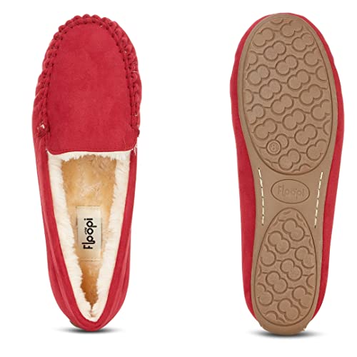 Floopi Women Slippers Moccasins, Soft Faux Fur Lining with Cozy Memory Foam, Ladies House Slippers for Women with Indoor & Outdoor Anti-Skid Sole (8 - Red)