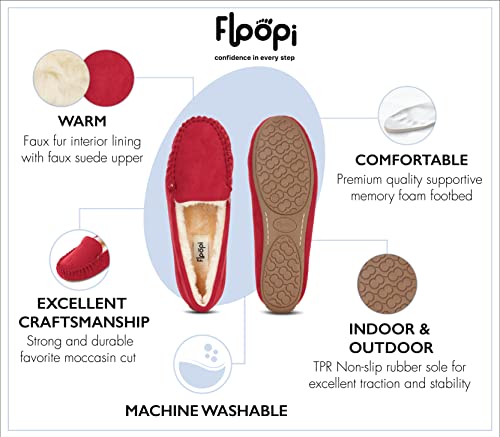 Floopi Women Slippers Moccasins, Soft Faux Fur Lining with Cozy Memory Foam, Ladies House Slippers for Women with Indoor & Outdoor Anti-Skid Sole (8 - Red)