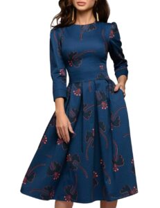 simple flavor women's floral evening flare vintage midi dress 3/4 sleeve (0658bl, m)