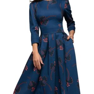 Simple Flavor Women's Floral Evening Flare Vintage Midi Dress 3/4 Sleeve (0658BL, M)