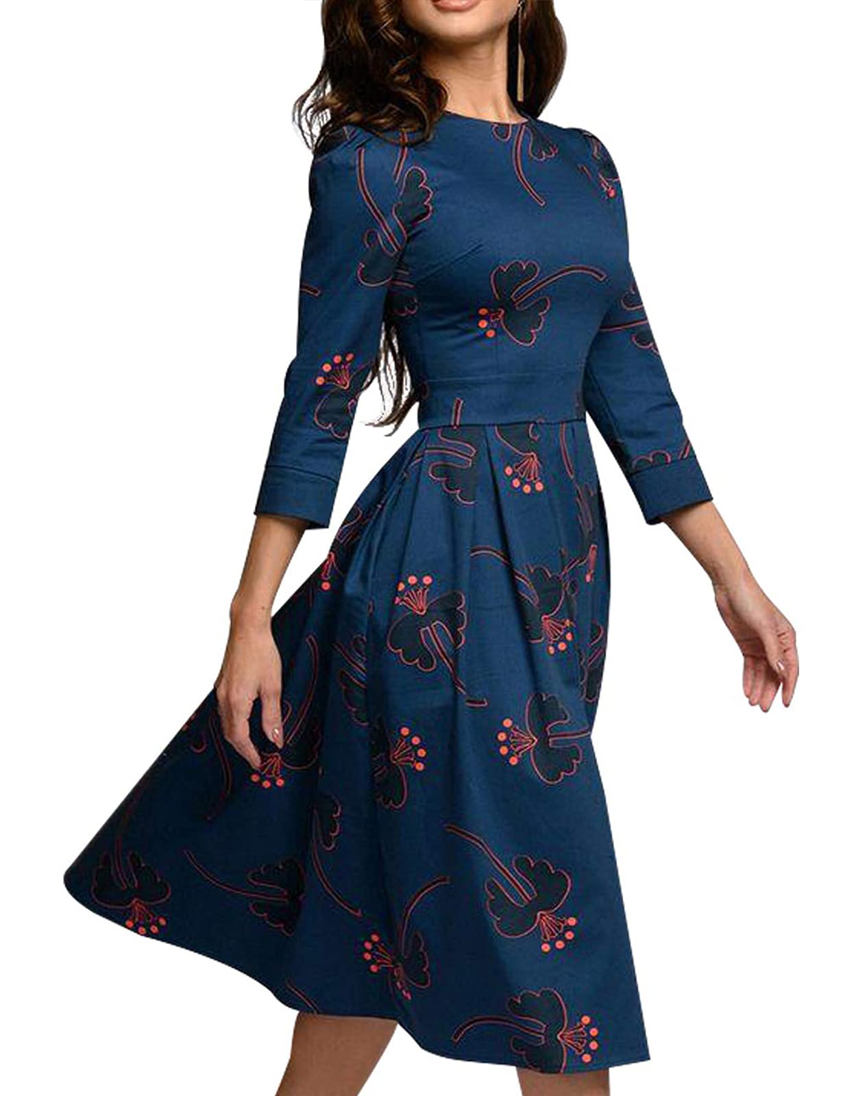 Simple Flavor Women's Floral Evening Flare Vintage Midi Dress 3/4 Sleeve (0658BL, M)