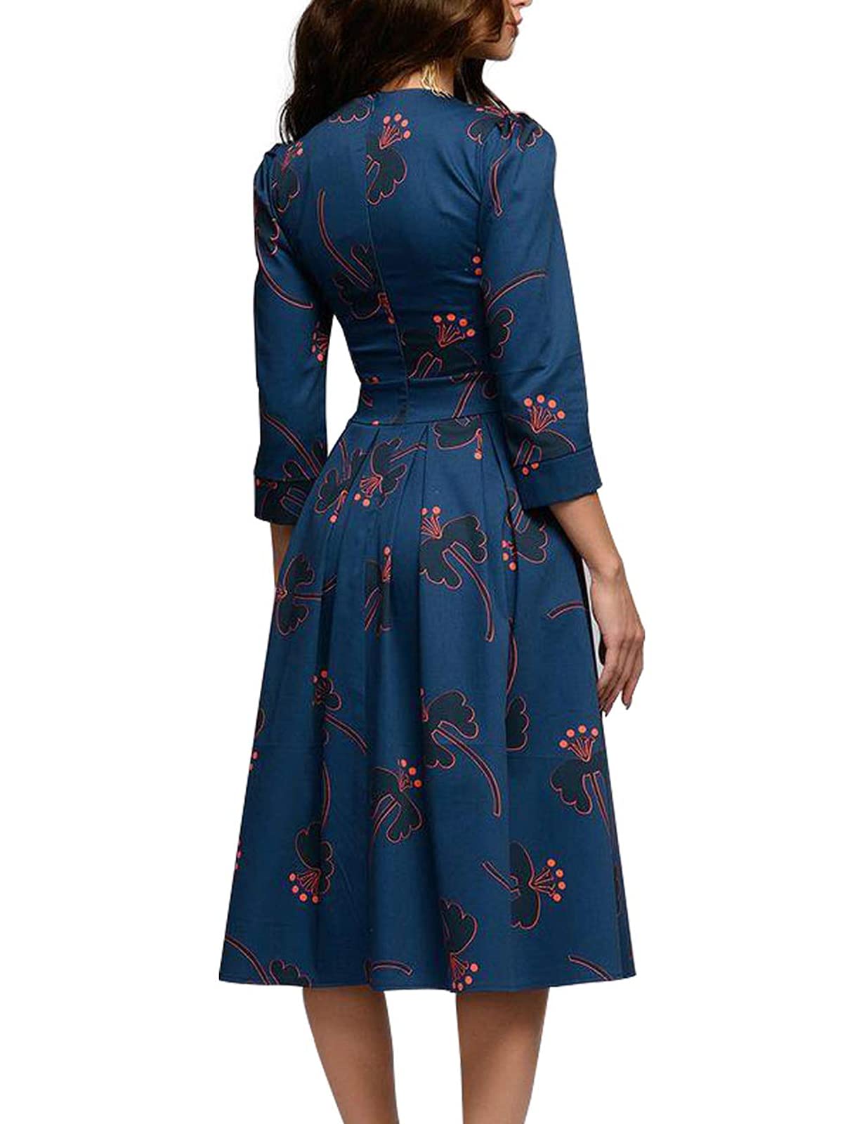 Simple Flavor Women's Floral Evening Flare Vintage Midi Dress 3/4 Sleeve (0658BL, M)