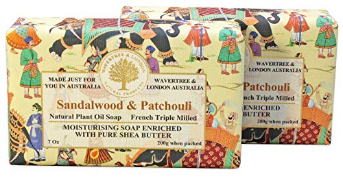 Wavertree & London SandalWood Patchouli (2 Bars), 7oz Moisturizing Natural Soap Bar, French -Milled and enriched with Shea Butter