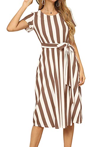 Womens Casual Short Sleeve Loose Swing Pockets Midi A Line Dress Coffee M