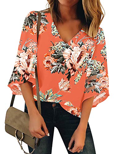 LookbookStore Women Floral Tops fpr Women 3/4 Sleeve Tops Blouse Trendy V Neck Floral Printed Going Out Tops Blouse 3/4 Bell Sleeve Loose Summer Top Shirt Salmon Size S Womens Tops Size 4 Size 6