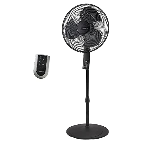 Lasko Oscillating Pedestal Fan, Thermostat, Adjustable Height, Remote Control, Timer, 4 Speeds, for Bedroom, Living Room, Office & Dorm, 16", Black, S16612