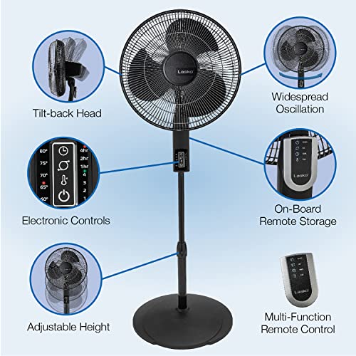 Lasko Oscillating Pedestal Fan, Thermostat, Adjustable Height, Remote Control, Timer, 4 Speeds, for Bedroom, Living Room, Office & Dorm, 16", Black, S16612