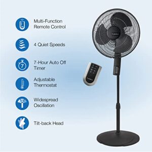 Lasko Oscillating Pedestal Fan, Thermostat, Adjustable Height, Remote Control, Timer, 4 Speeds, for Bedroom, Living Room, Office & Dorm, 16", Black, S16612