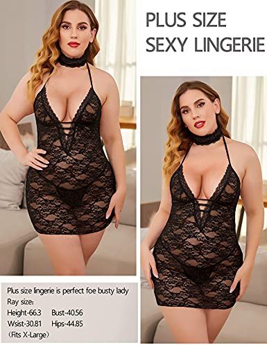 Avidlove Women Babydoll Lingerie Lace Chemise Halter Nightwear Teddy Dress Black