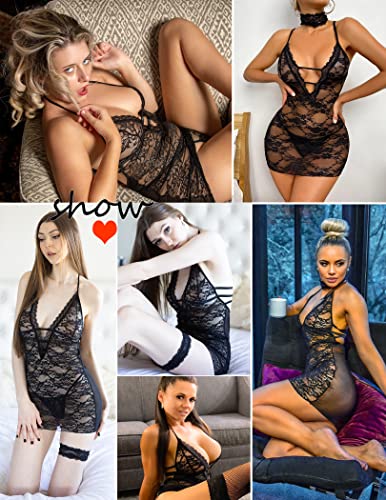 Avidlove Women Babydoll Lingerie Lace Chemise Halter Nightwear Teddy Dress Black