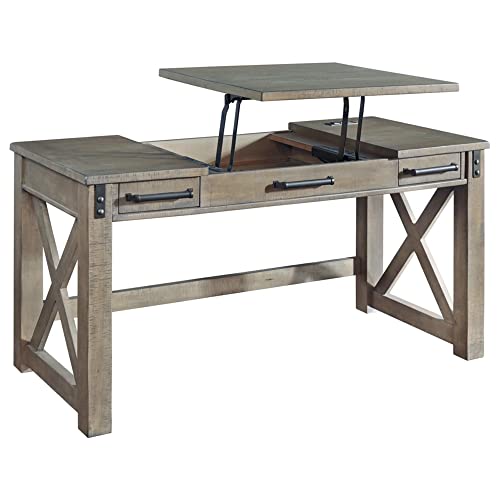 Signature Design by Ashley Aldwin Rustic Farmhouse 60" Home Office Lift Top Desk with Charging Ports, Distressed Gray