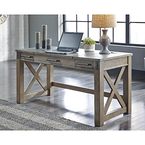 Signature Design by Ashley Aldwin Rustic Farmhouse 60" Home Office Lift Top Desk with Charging Ports, Distressed Gray