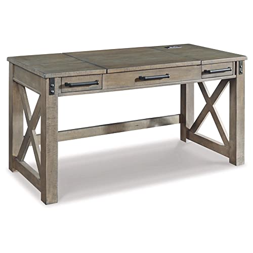 Signature Design by Ashley Aldwin Rustic Farmhouse 60" Home Office Lift Top Desk with Charging Ports, Distressed Gray