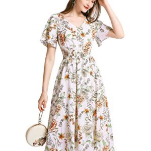 Chiffon Floral Summer Sun Beach Dresses for Women 2023 with V Neck Elastic Waist White Flower M