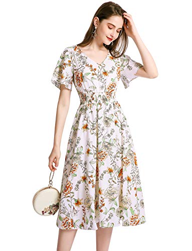 Chiffon Floral Summer Sun Beach Dresses for Women 2023 with V Neck Elastic Waist White Flower M