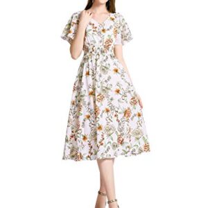 Chiffon Floral Summer Sun Beach Dresses for Women 2023 with V Neck Elastic Waist White Flower M