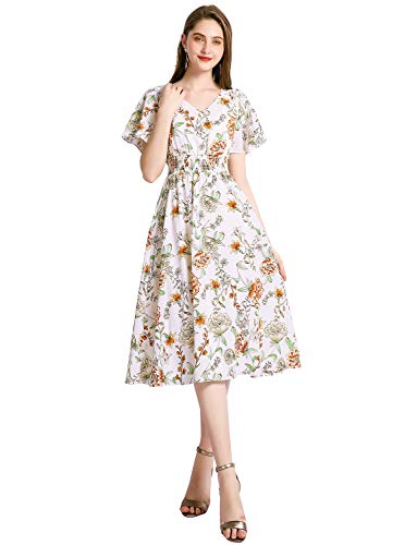 Chiffon Floral Summer Sun Beach Dresses for Women 2023 with V Neck Elastic Waist White Flower M