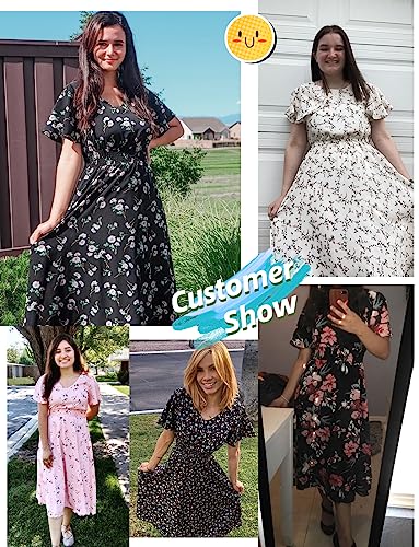 Chiffon Floral Summer Sun Beach Dresses for Women 2023 with V Neck Elastic Waist White Flower M