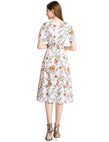 Chiffon Floral Summer Sun Beach Dresses for Women 2023 with V Neck Elastic Waist White Flower M