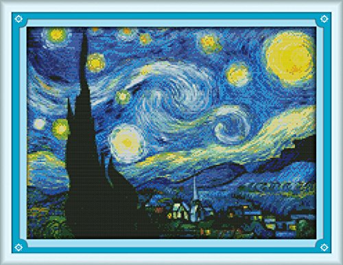 Maydear Cross Stitch Kits Stamped Full Range of Embroidery Starter Kits for Beginners DIY 11CT 3 Strands - Starry Night of Van Gogh 23×18(inch)