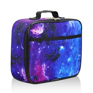 fenrici galaxy lunch box for boys, girls, kids insulated lunch bag, perfect for preschool, k-6, soft sided compartments, spacious, bpa free, food safe,10.8in x 8.5in x 2.8in (galaxy-purple)