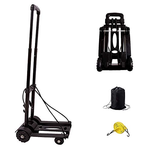 KINJOEK 40kg 88Lbs Folding Hand Truck Dolly, Foldable Luggage Cart for Luggage with 4 Wheels & Bungee Cord, Collapsible, Lightweight Compact Solid Construction Utility Cart for Travel, Black